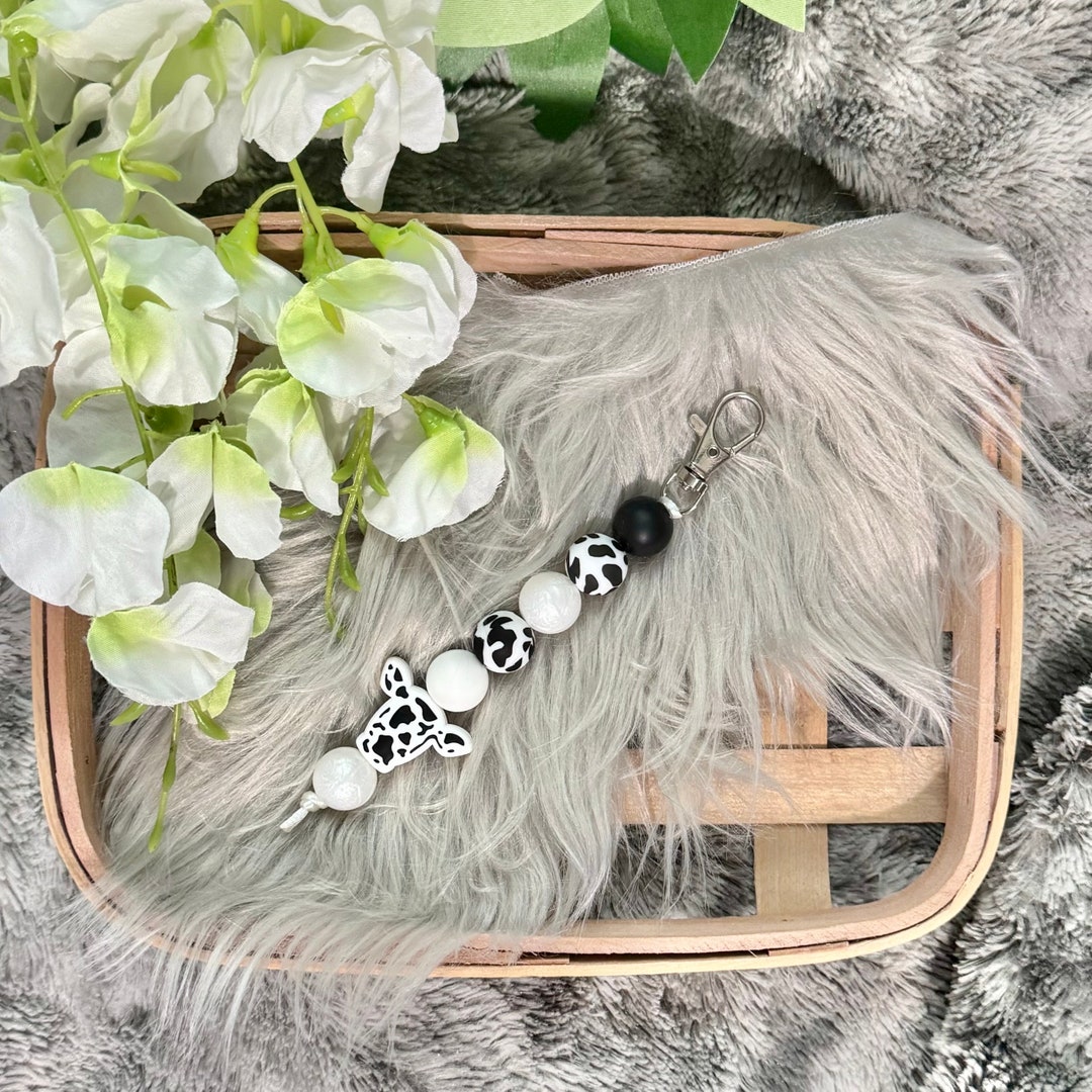 Cow Print Beaded Keychain | Silicone Bead Keychain | Black and White ...