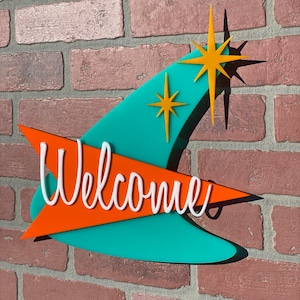 Mid Century Modern “atomic Boomerang" Welcome Sign | Retro Wall Art ...