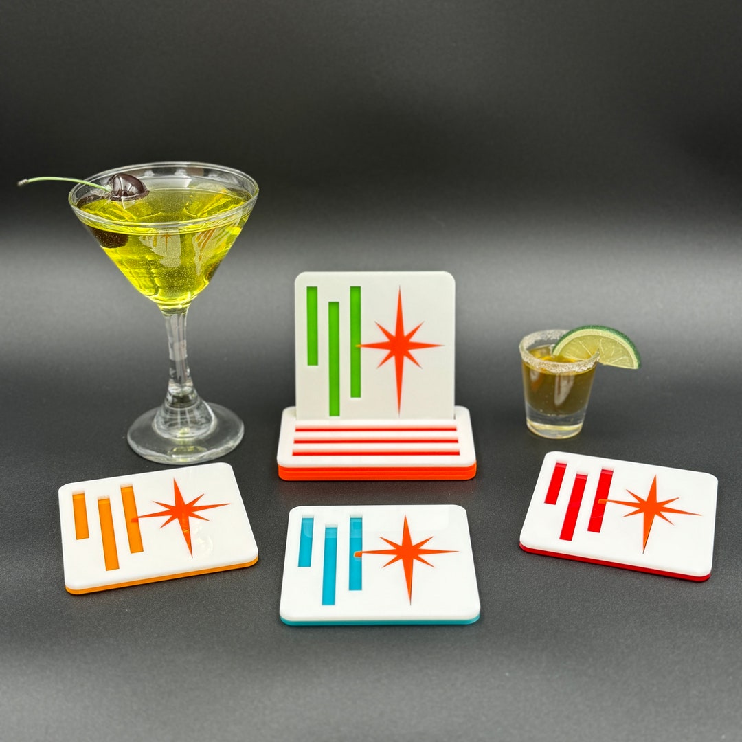 Mid Century Modern Coasters: Set of 4 With Holder - Etsy