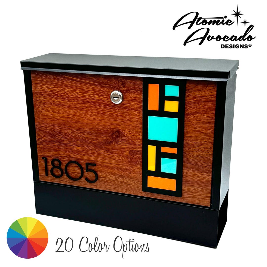 Mid Century Modern Locking Mailbox: Wood Grain Steel, Geometric Accents ...