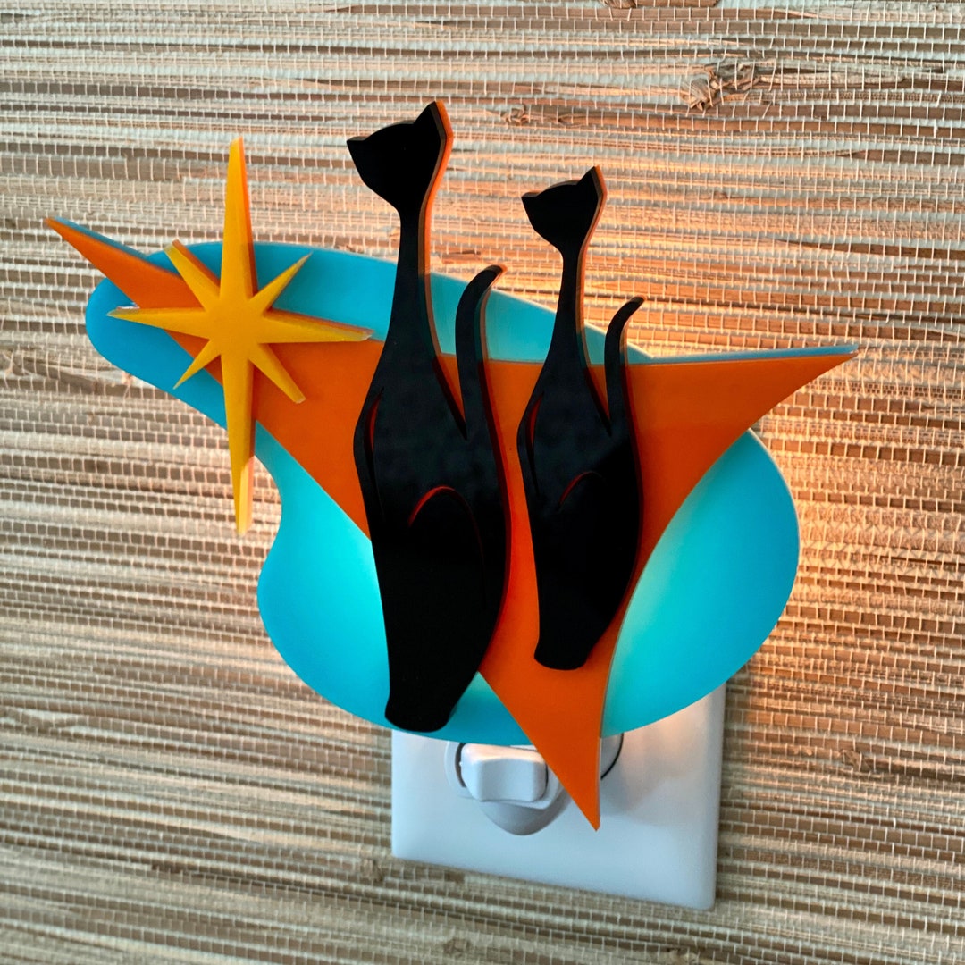 Mid Century Modern Night Light | "hip Cat Ii" Design | Black Atomic Cat ...