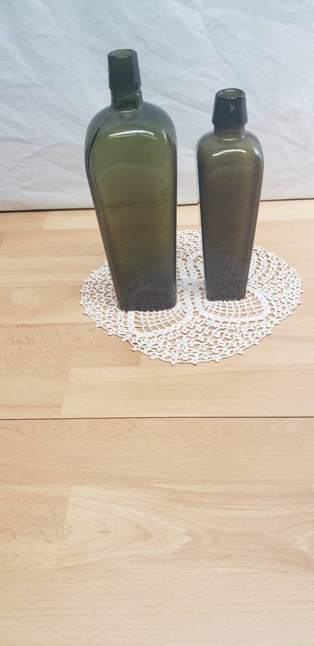 Vintage Olive Green Coffin Bottles Closed Moulded With Applied Top Set ...