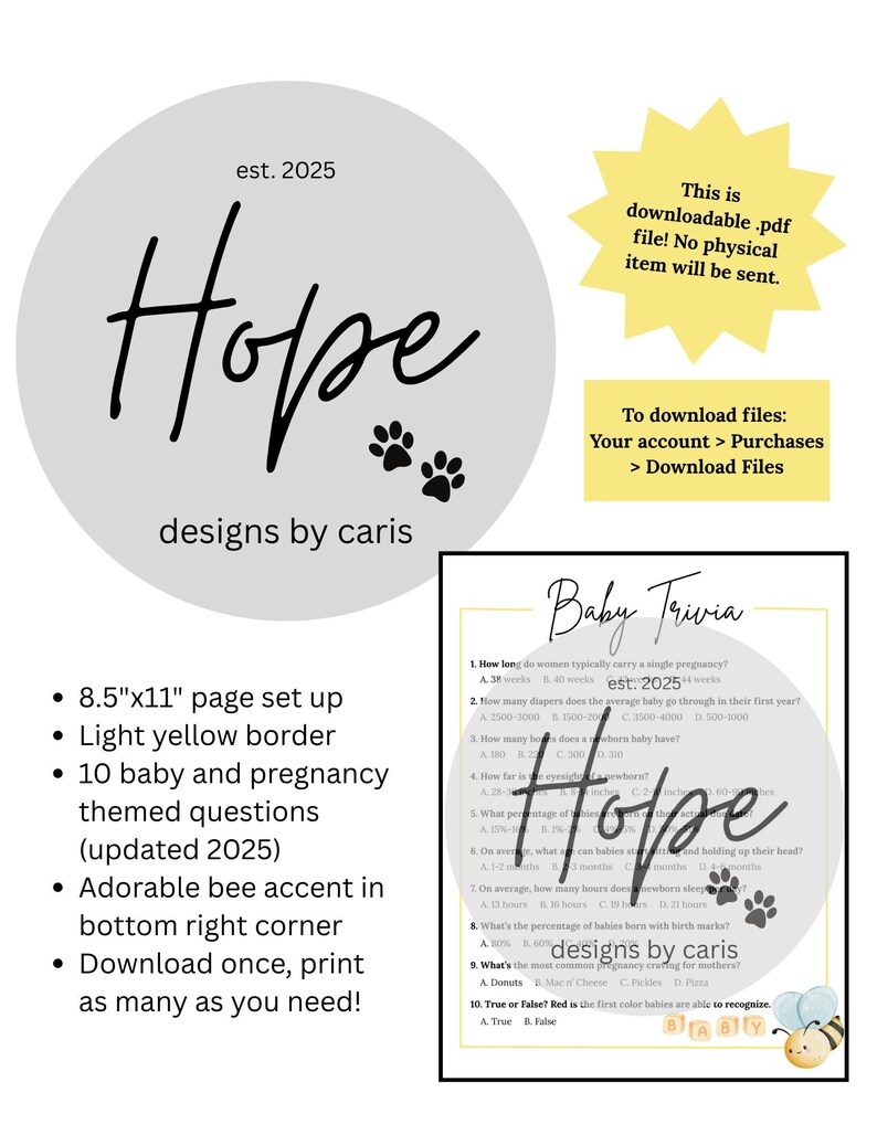 Gender Neutral Bee Themed Baby Shower Trivia - Etsy