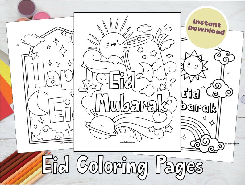 Happy Eid Coloring Page Sun Moon, Eid Mubarak Coloring Pages, Eid Party ...