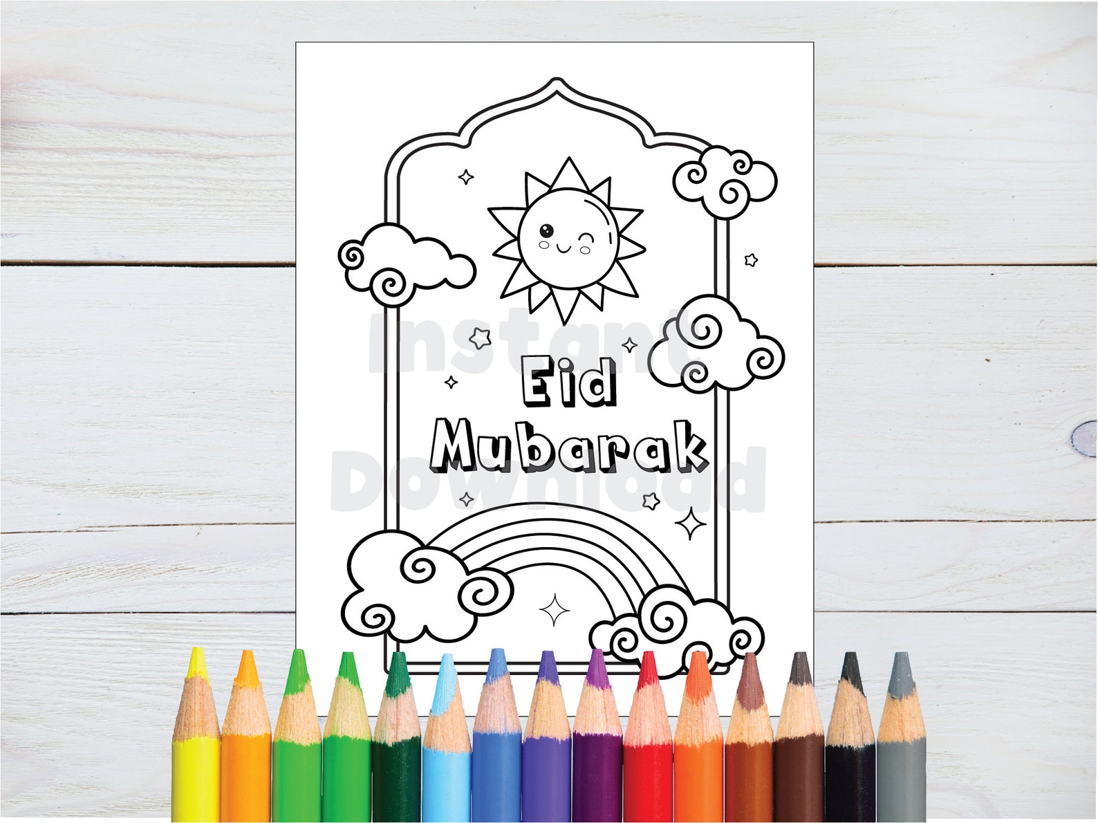 Happy Eid Coloring Page Sun Moon, Eid Mubarak Coloring Pages, Eid Party ...