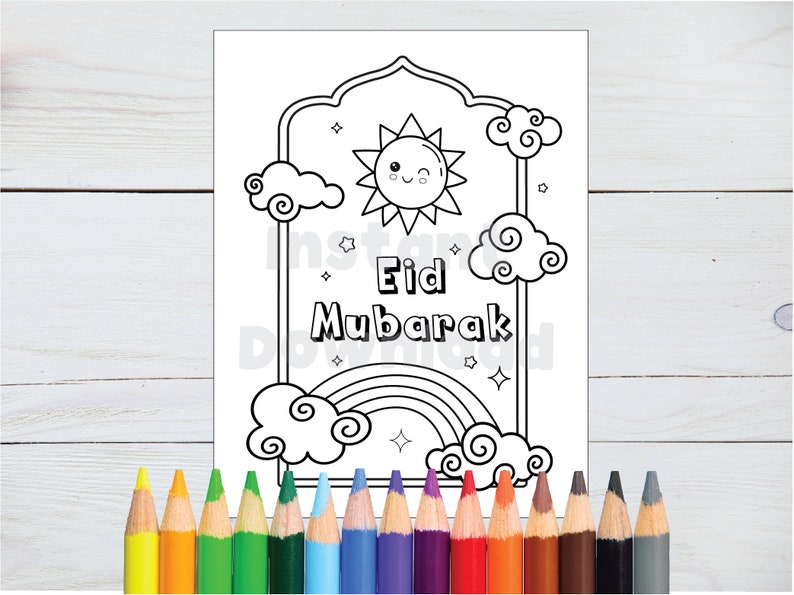 Happy Eid Coloring Page Sun Moon, Eid Mubarak Coloring Pages, Eid Party ...
