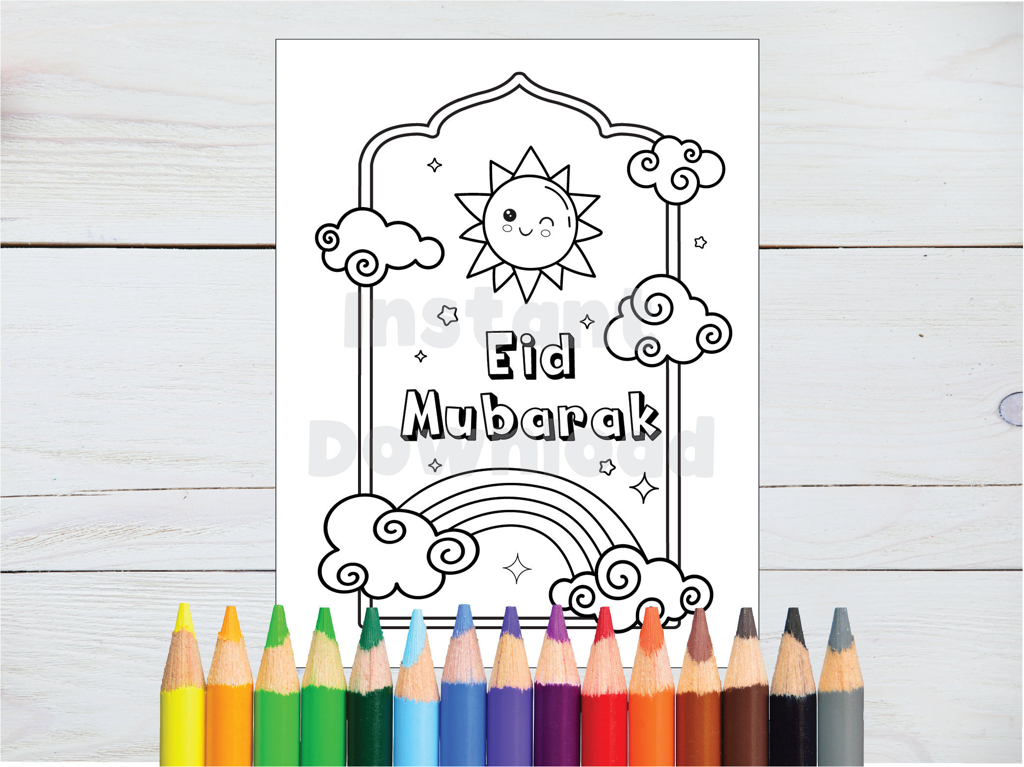 Happy Eid Coloring Page Sun Moon, Eid Mubarak Coloring Pages, Eid Party ...