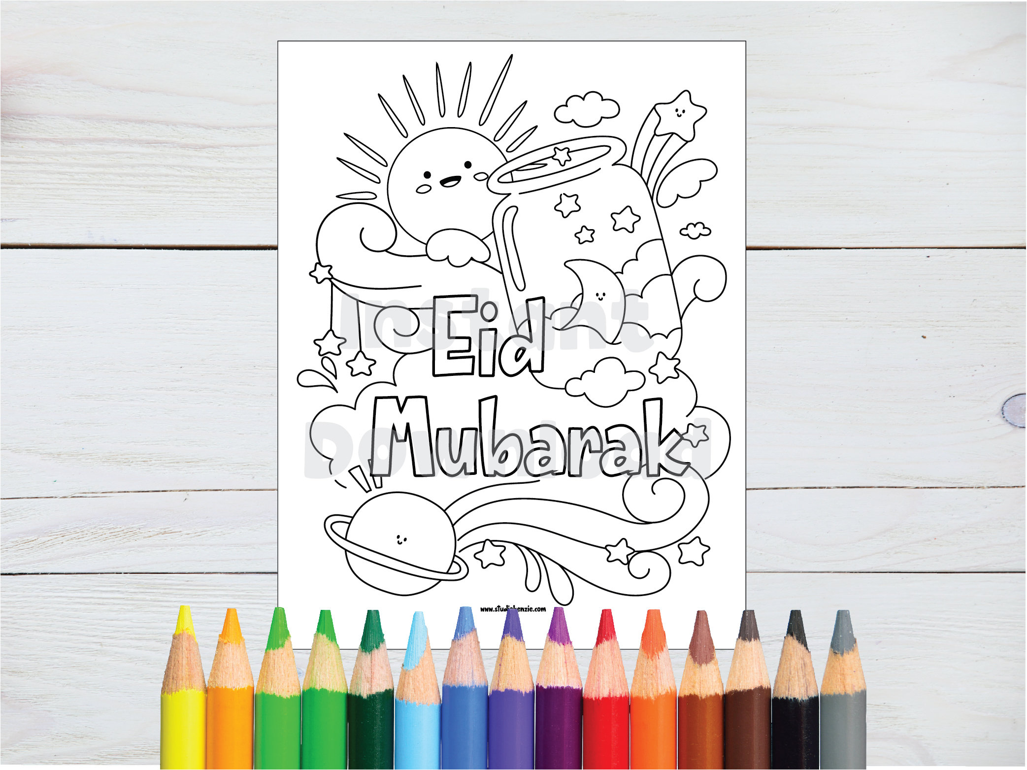 Happy Eid Coloring Page Sun Moon, Eid Mubarak Coloring Pages, Eid Party ...