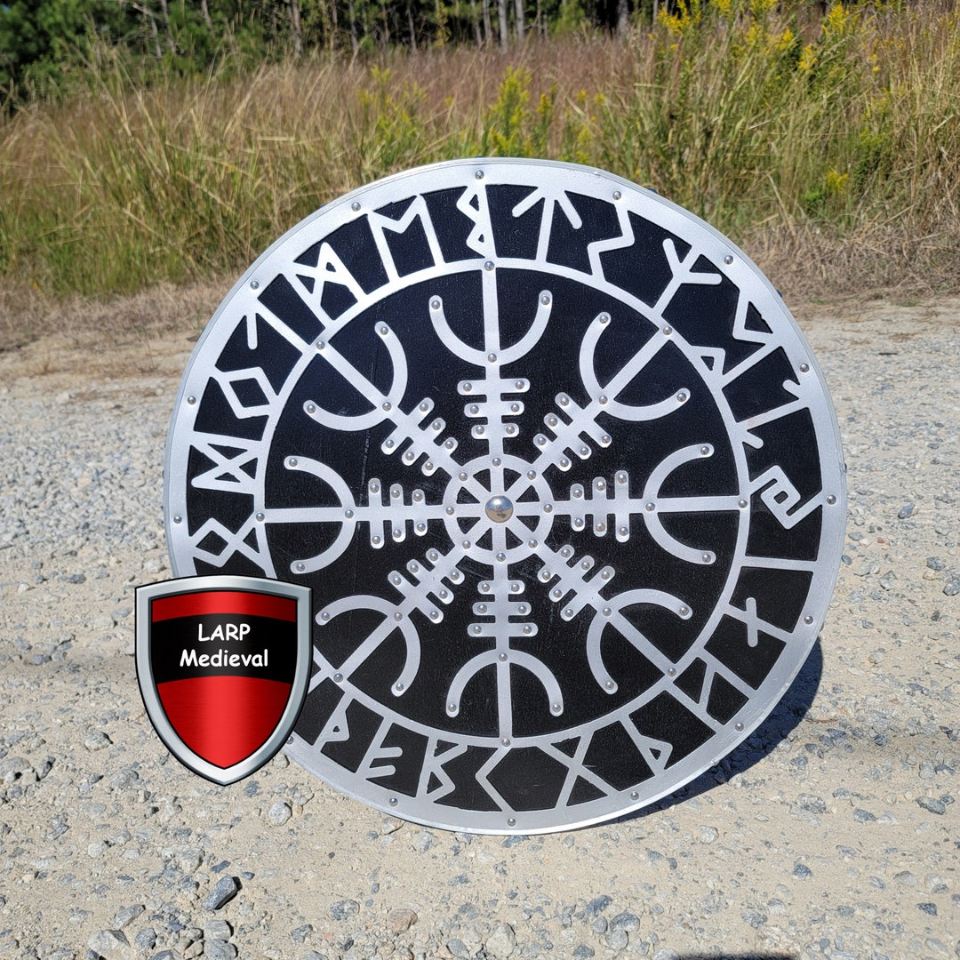 Steel Plated Viking Runes Helm of Awe Aegishjalmur Norse Pattern Wooden ...