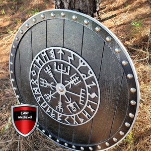 Viking Runes Helm of Awe Aegishjalmur Norse Carved Wooden Round Shield ...