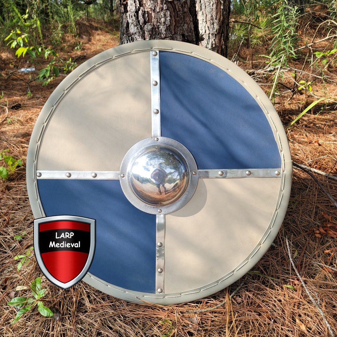 Norse Hjalmar Round Viking Wooden Shield Leather Wrapped Handmade Blue ...