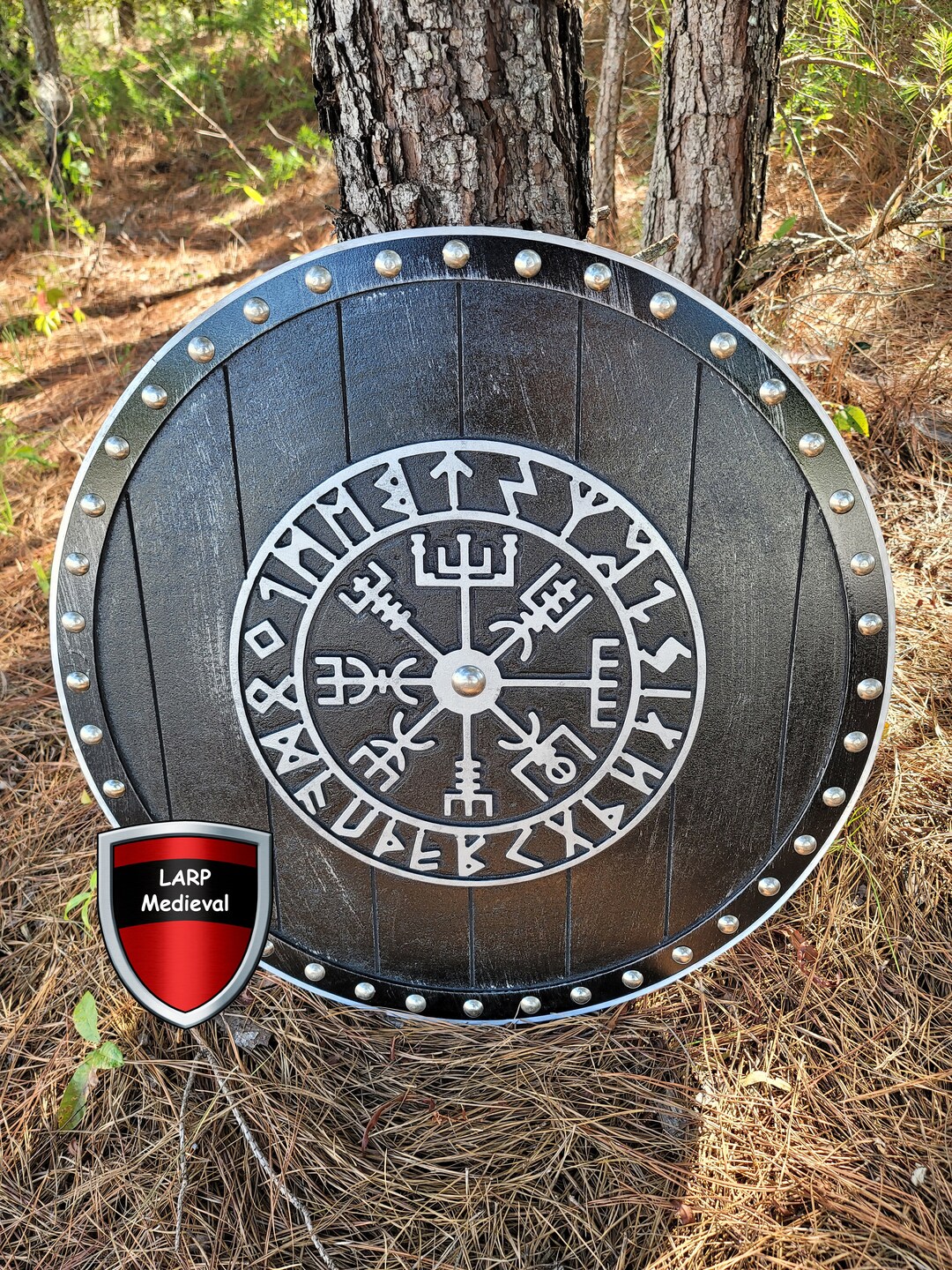 Viking Runes Helm of Awe Aegishjalmur Norse Carved Wooden Round Shield ...