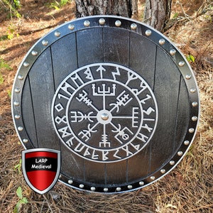 Viking Runes Helm of Awe Aegishjalmur Norse Carved Wooden Round Shield ...