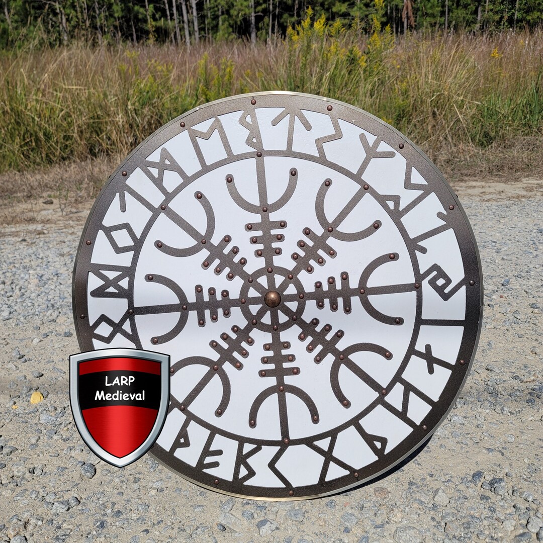 Steel Plated Viking Runes Helm of Awe Aegishjalmur Norse Pattern Wooden ...