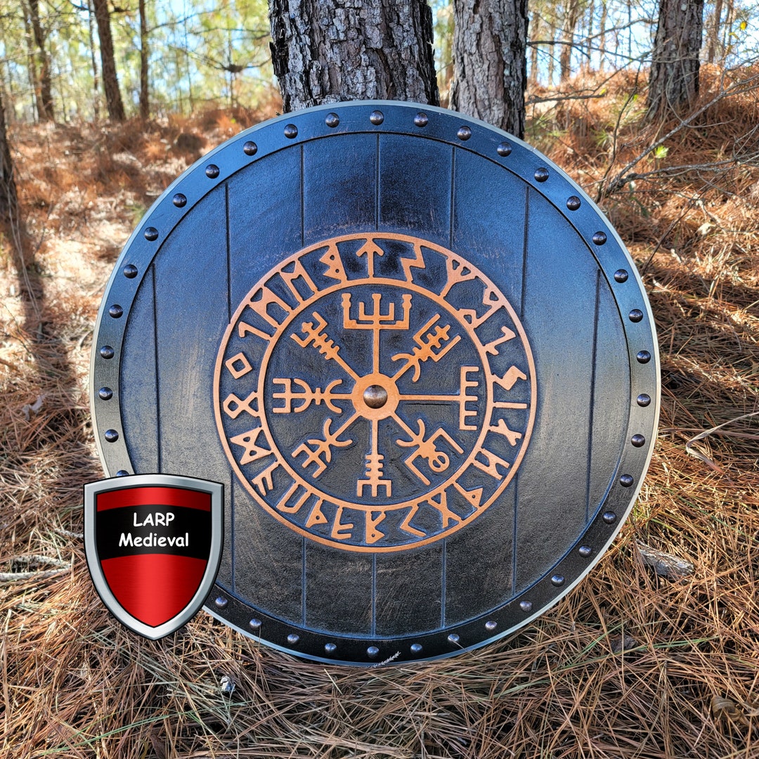 Viking Runes Helm of Awe Aegishjalmur Norse Carved Wooden Round Shield ...