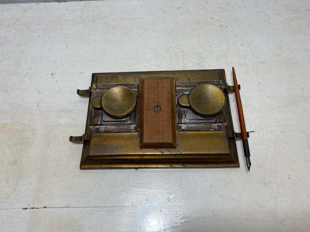 Vintage Antique Inkwell Set, Brass, Glass and Wood, Includes Pen, 2 ...