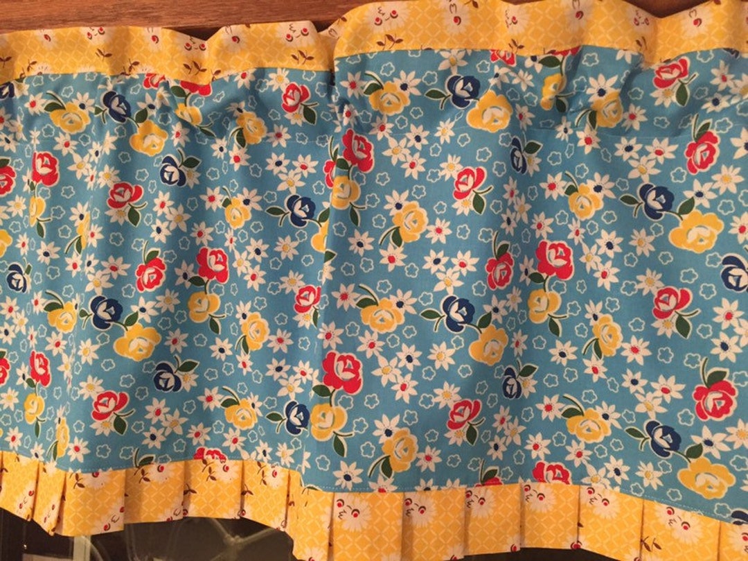 A. Valance, Curtain, Vintage Retro Style Fabric, Blue & Yellow, Red ...