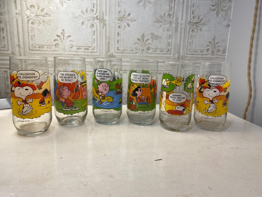 Vintage Mcdonalds Camp Snoopy Collection Water Glasses, Set of 6, Peanuts, Charlie Brown, Linus ...