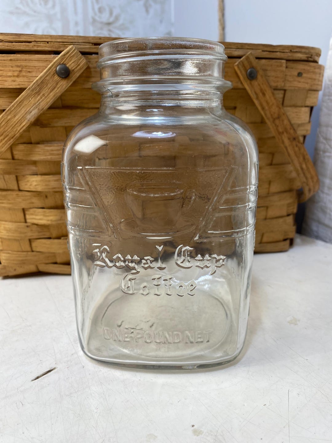 Vintage Royal Cup Coffee One Pound Glass Jar, Embossed Coffee Cup ...