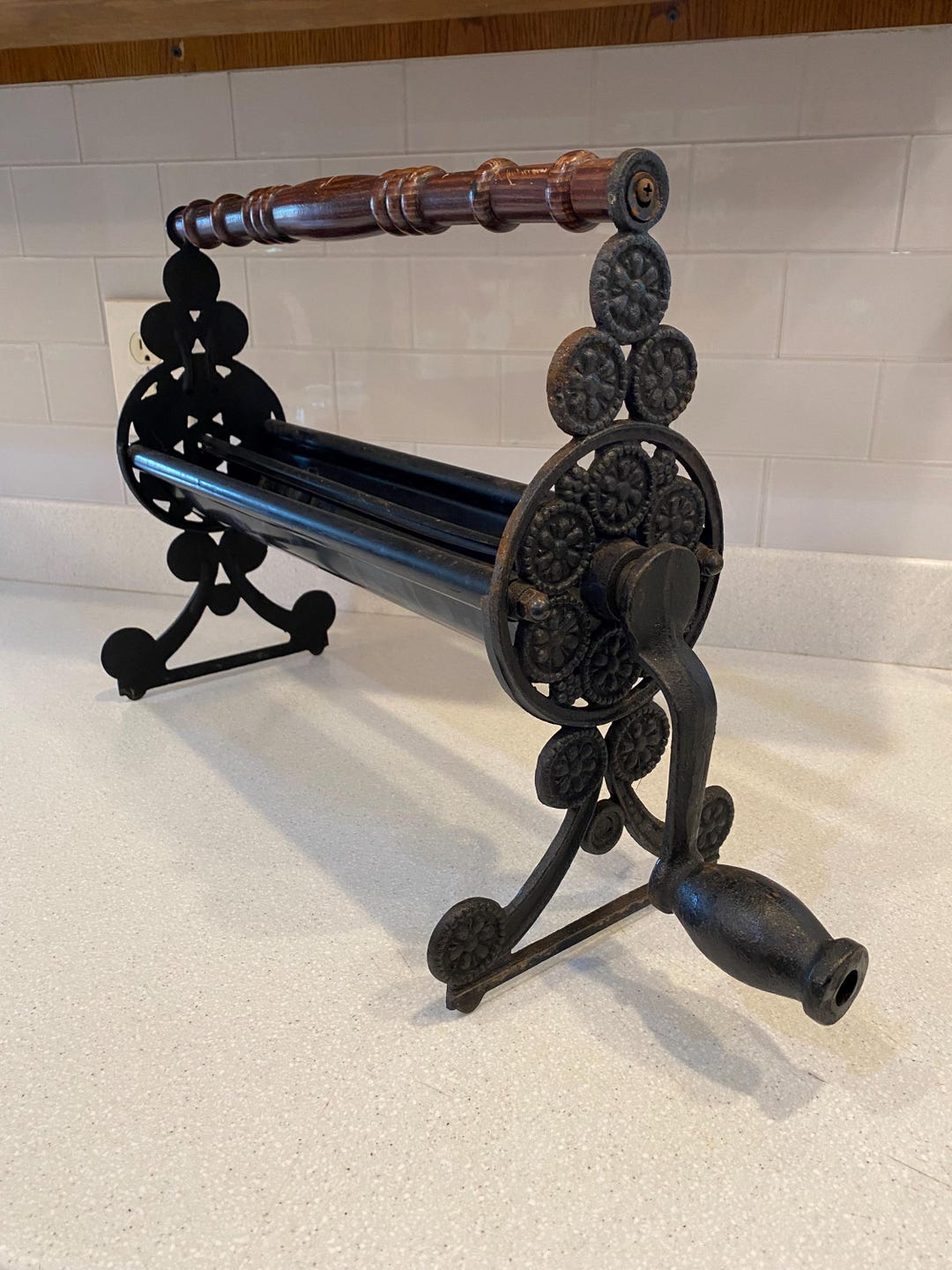 Vintage Newspaper Log Roller, Cast Iron, Ornate, Wood Handles, Decor ...