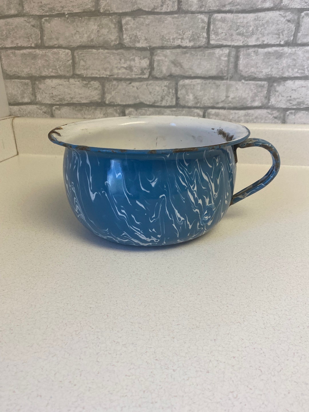 Vintage Enamelware Blue Swirl Chamber Pot, Bucket, Planter, Collectible ...