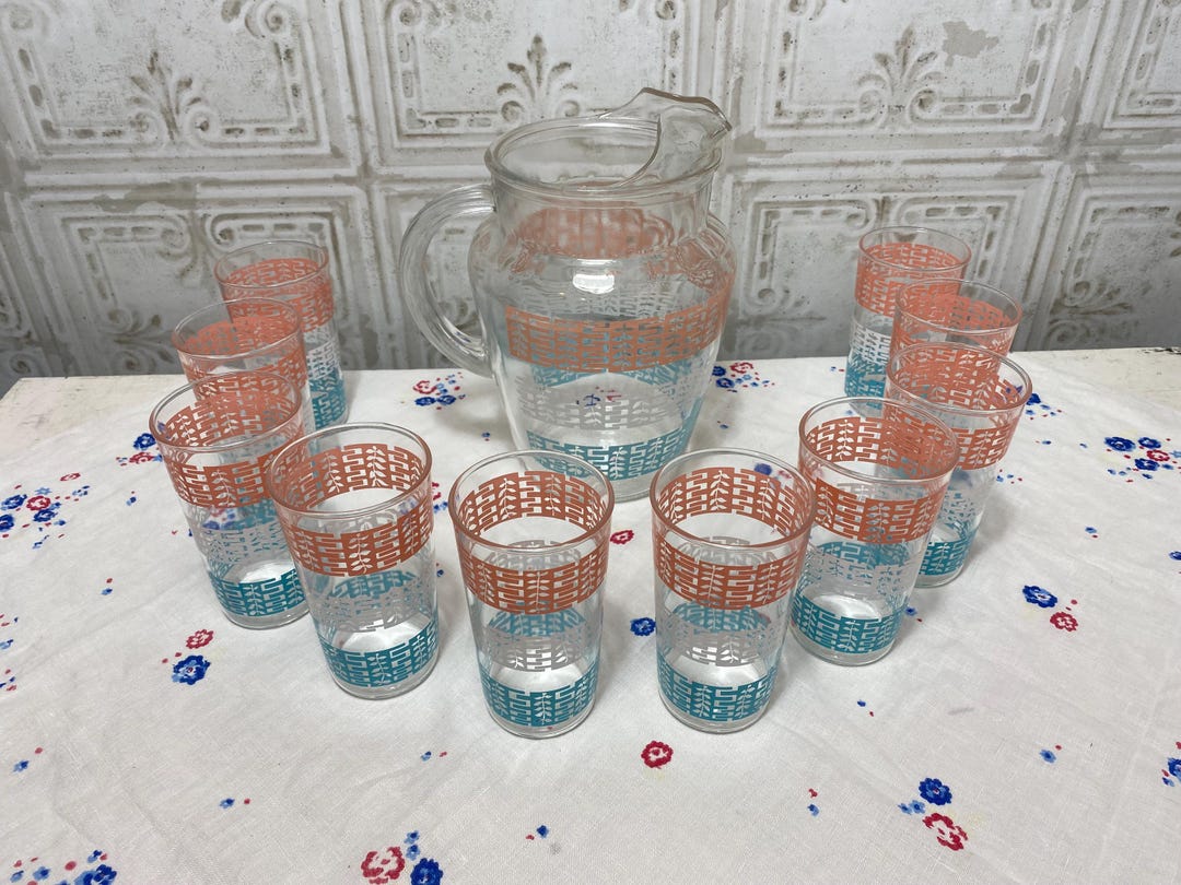 Vintage Water Set, 10 Glasses Plus Pitcher, Anchor Hocking Peekaboo ...