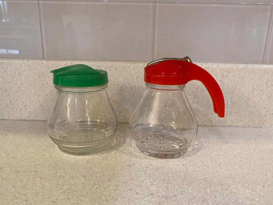 Vintage Set, Syrup Pitcher and Sugar Shaker, Red and Green Tops, Glass ...