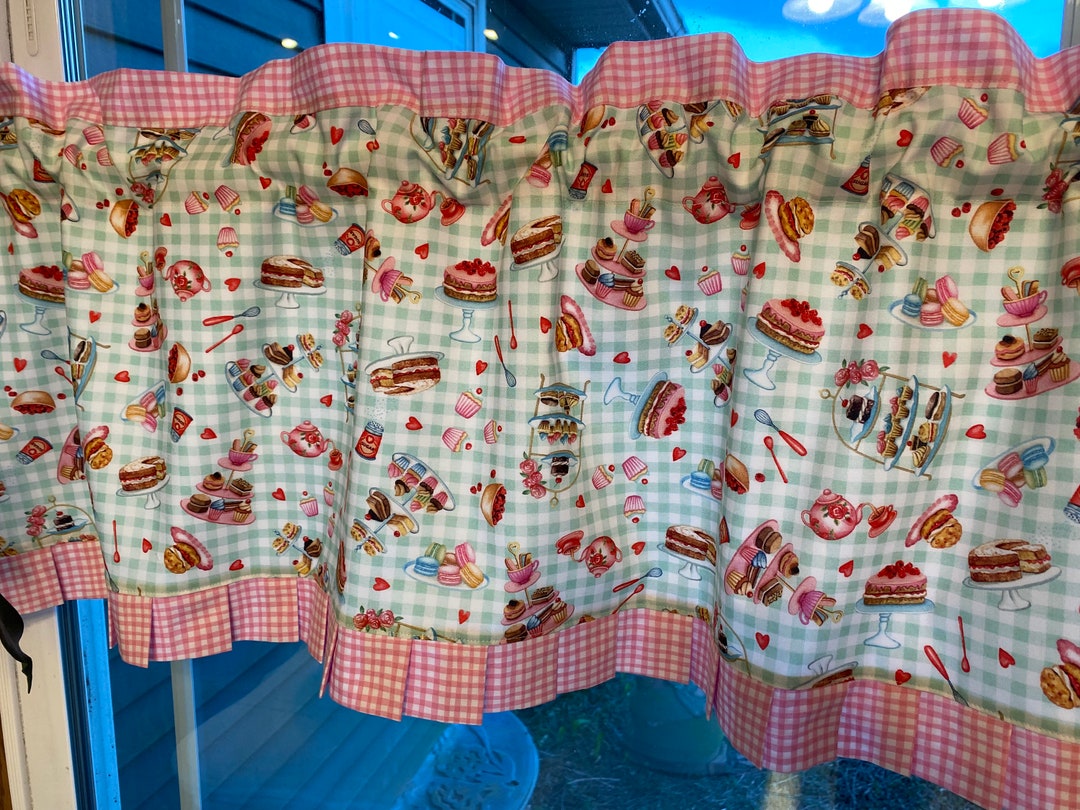 A. Kitchen Valance, Window Topper, Afternoon Tea, Mint Green, Pink ...