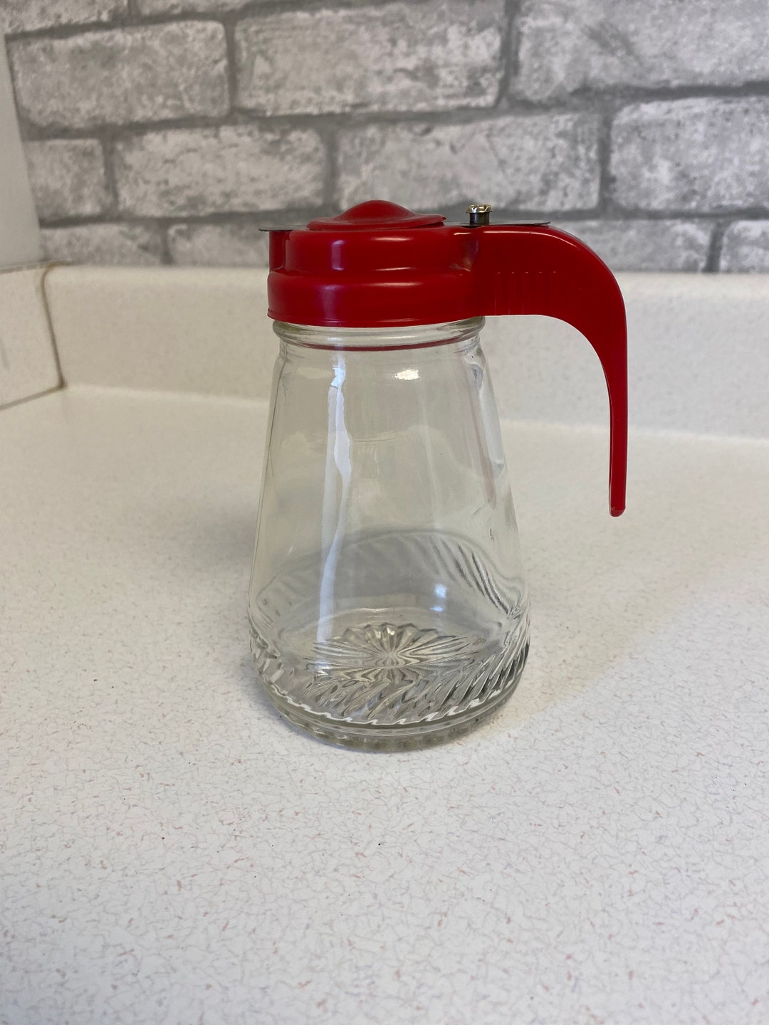 Vintage Syrup Pitcher, Drip Cut, Red Lid, Retro Serve Ware, Pretty ...
