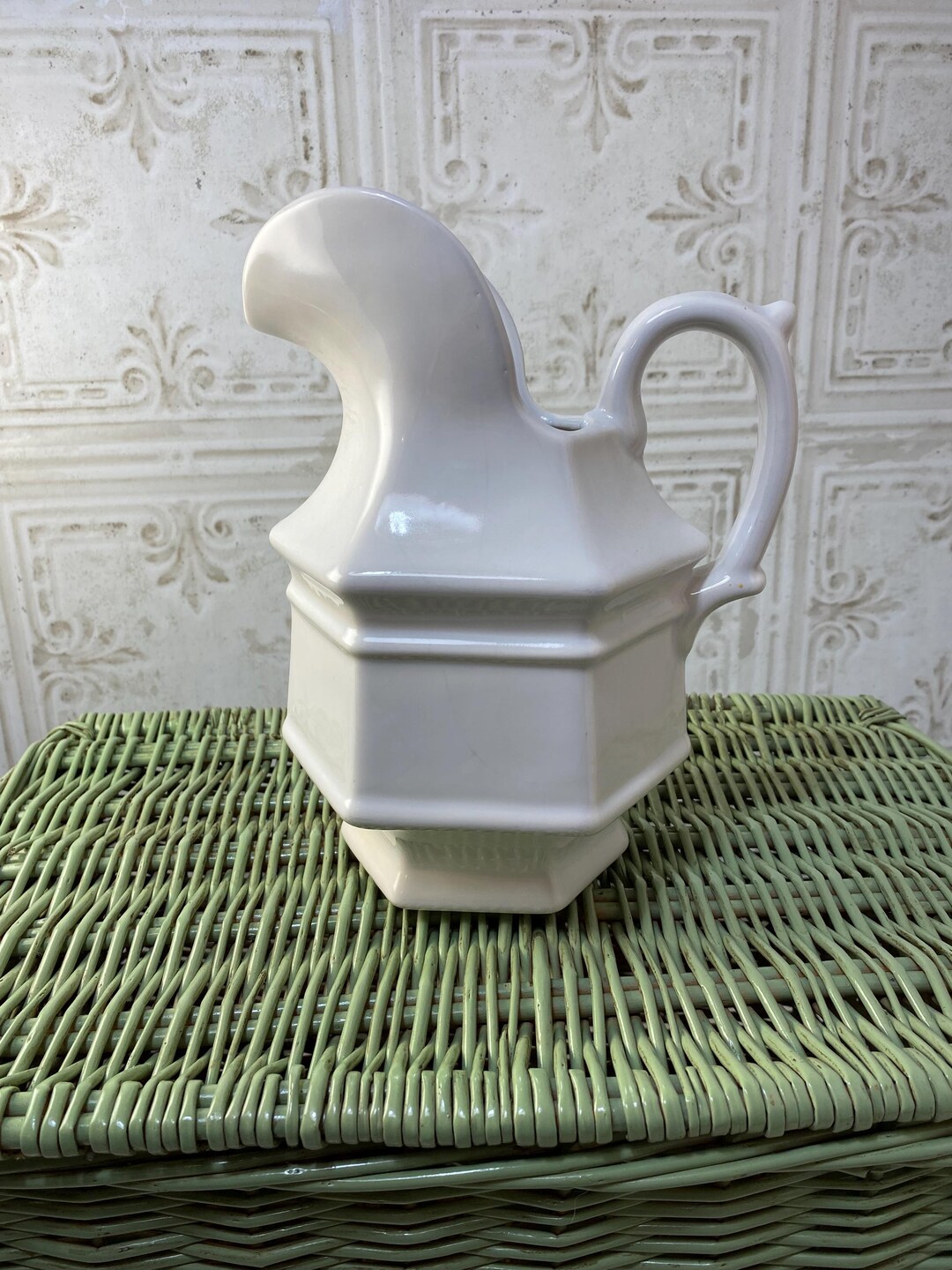Vintage Haeger Water Pitcher, White, USA Pottery, MCM Design, Geometric ...