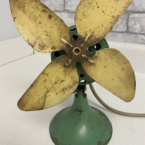 Vintage Small Metal Fan, Cast Iron Base, Green and Yellow, Works ...