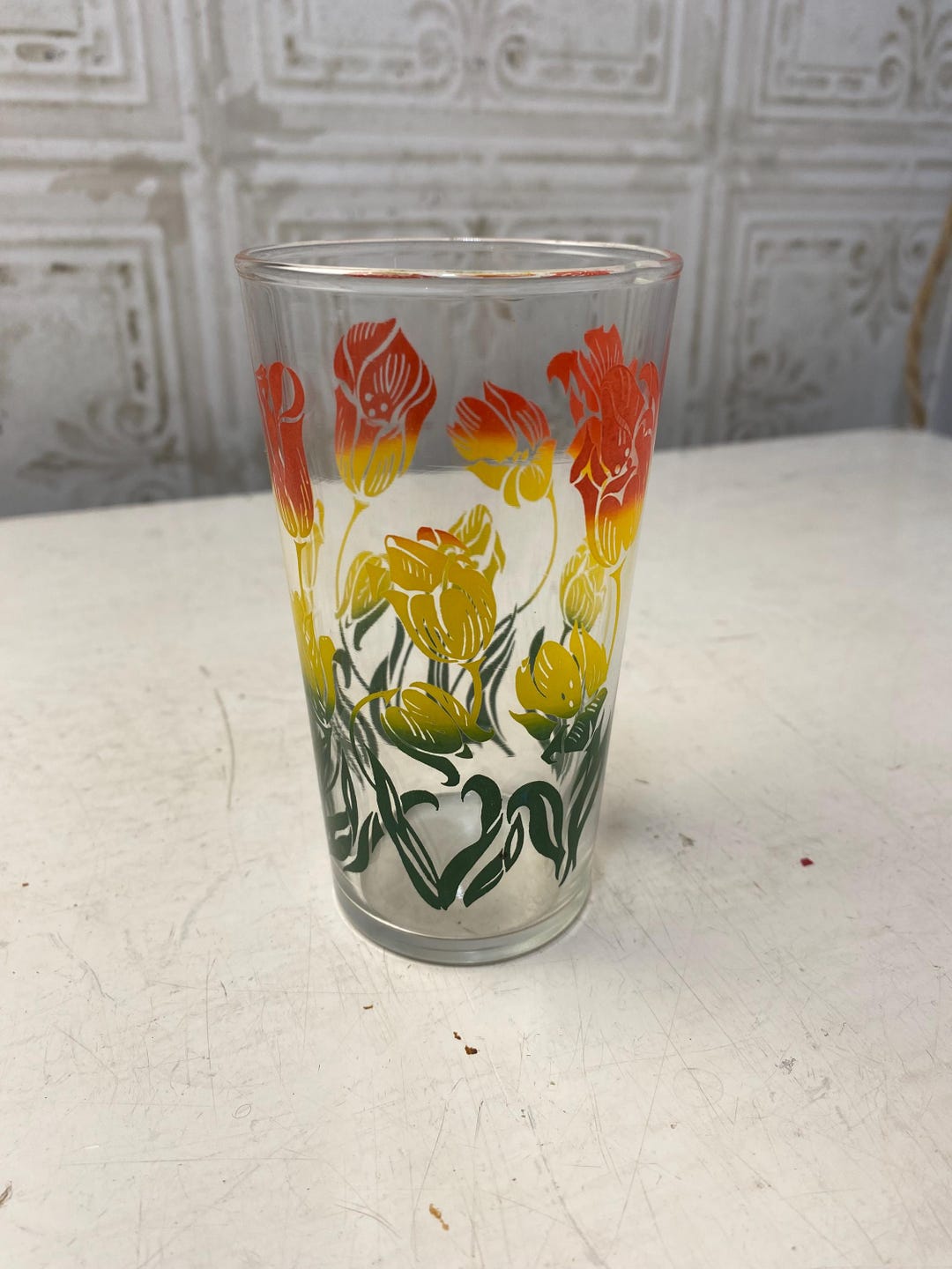 Vintage Tulip Juice Glass, Water Glass, Red, Yellow and Green Design ...