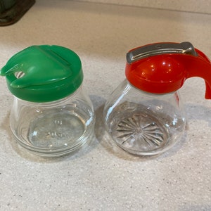 Vintage Set, Syrup Pitcher and Sugar Shaker, Red and Green Tops, Glass ...