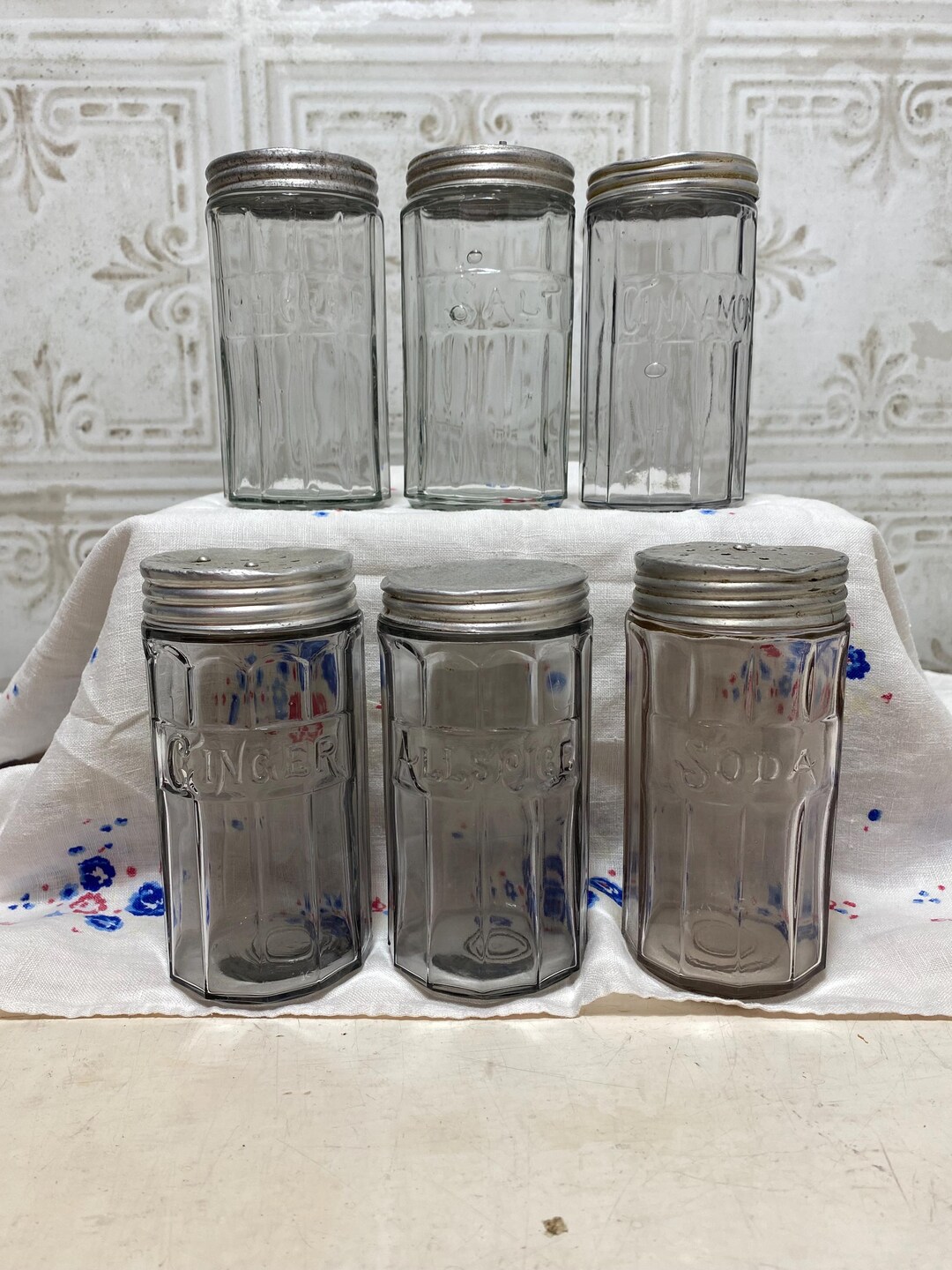 Vintage Hoosier Spice Jars, Set of 6, Ribbed Pressed Glass, Raised ...