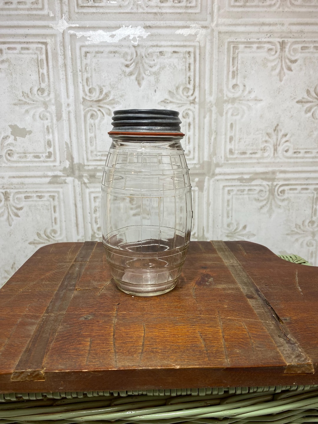 Vintage Hoosier Barrel Shaped Glass Quart Jar, Pickle Jar, With Zinc ...