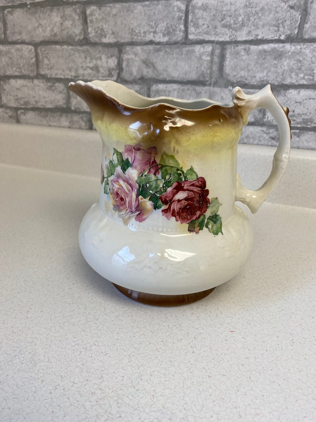 Vintage China Pitcher, Floral, Roses, Cream, Yellow, Brown, Victorian ...