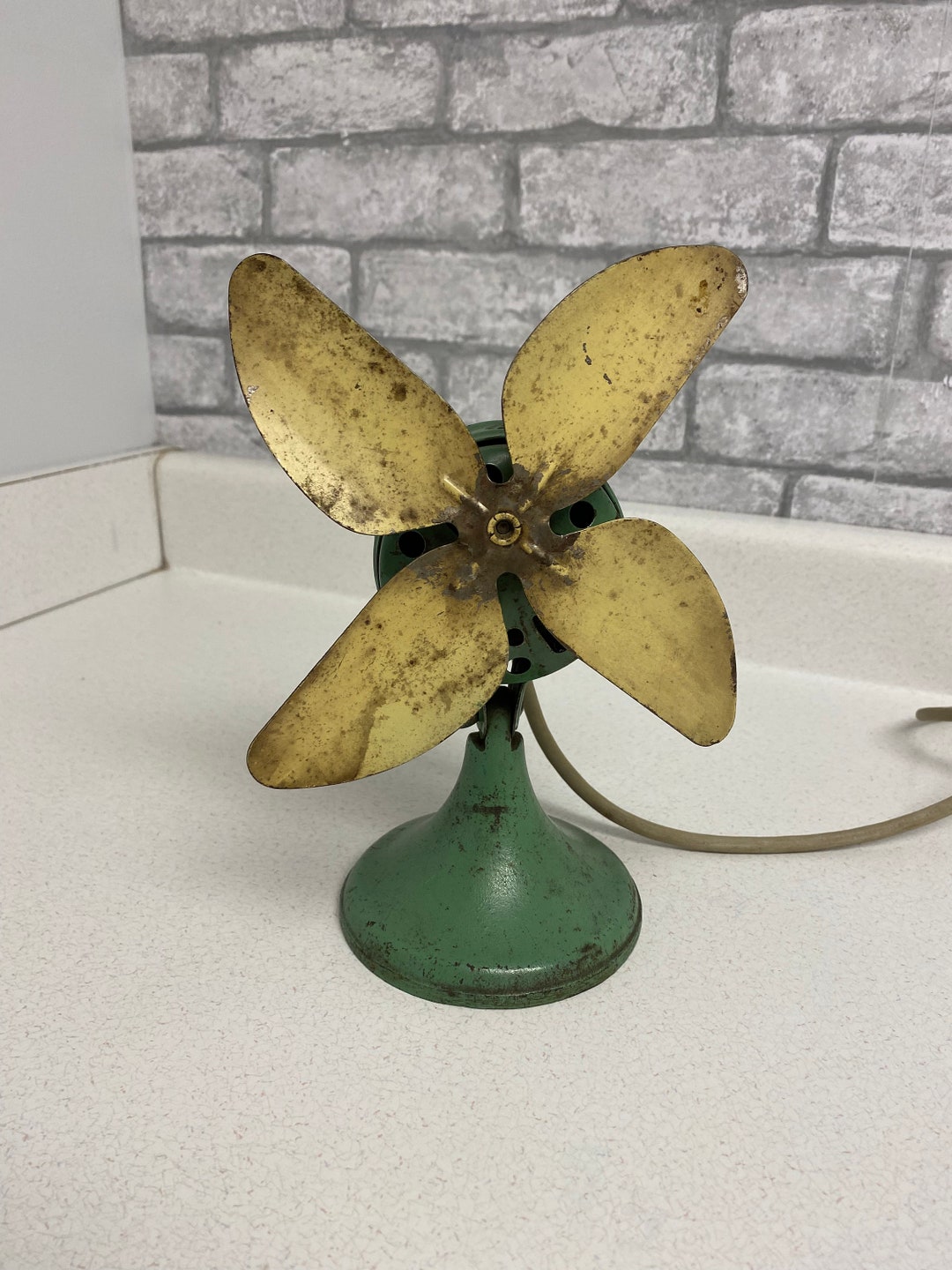 Vintage Small Metal Fan, Cast Iron Base, Green and Yellow, Works ...