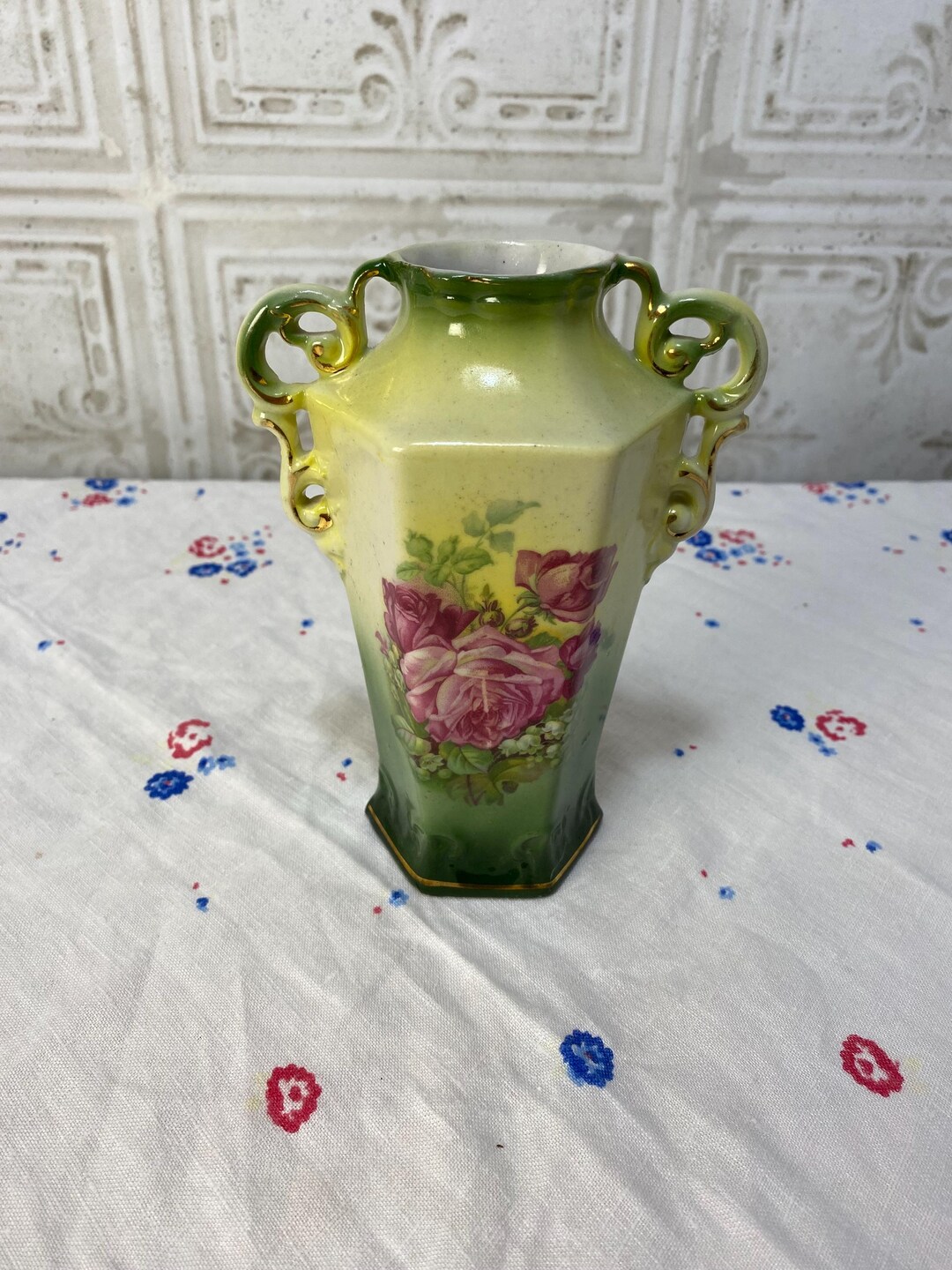 Vintage Porcelain Vase, Bud Vase, Roses, Floral, Pink and Green, Likely ...