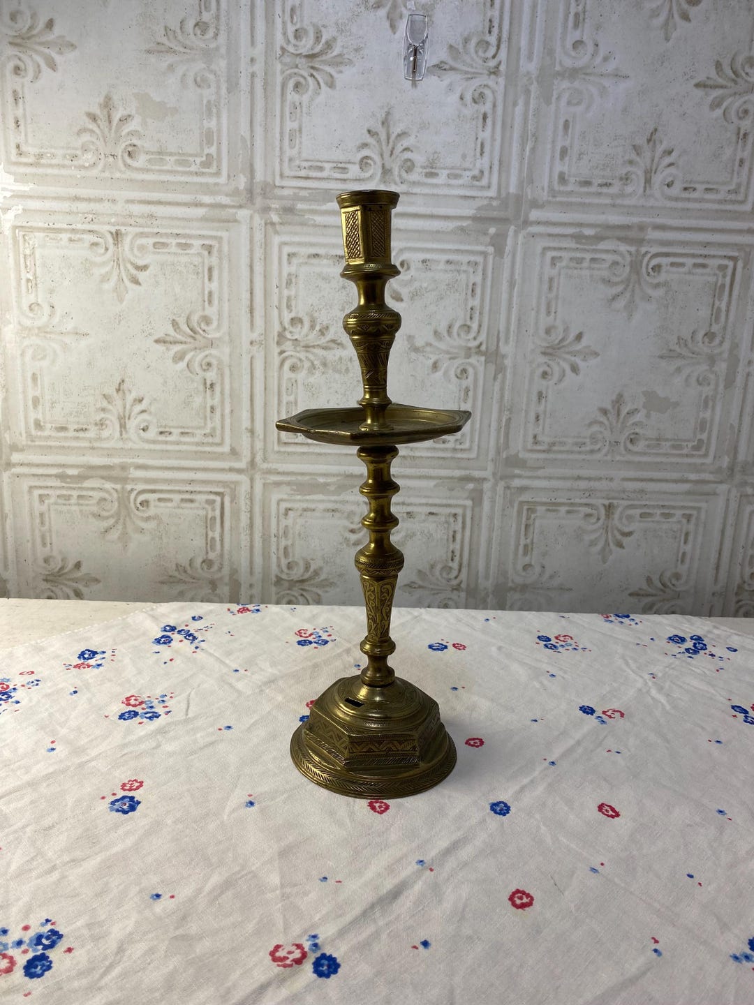Vintage Large Brass Candlestick Holder, With Drip Catcher, Ornate, Very ...