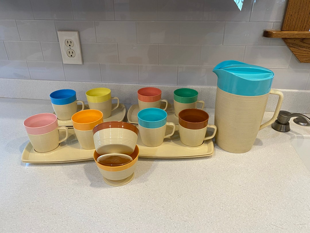 Vintage Set Pitcher, Tumblers / Cups, Sherbet Ice Cream Dishes, Raffia ...