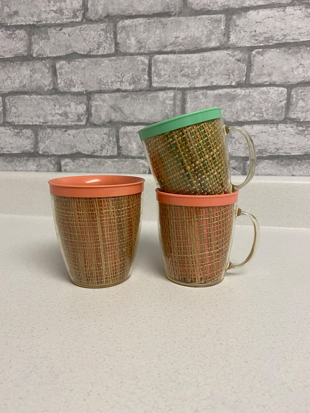 Vintage MCM Raffia Ware Mugs and Tumbler, Set of 3, Peach Pink and ...