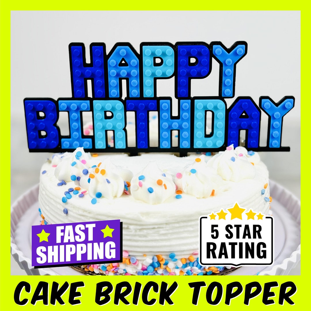 Brick Cake Topper, Happy Birthday Building Brick Cake Topper, Blue ...