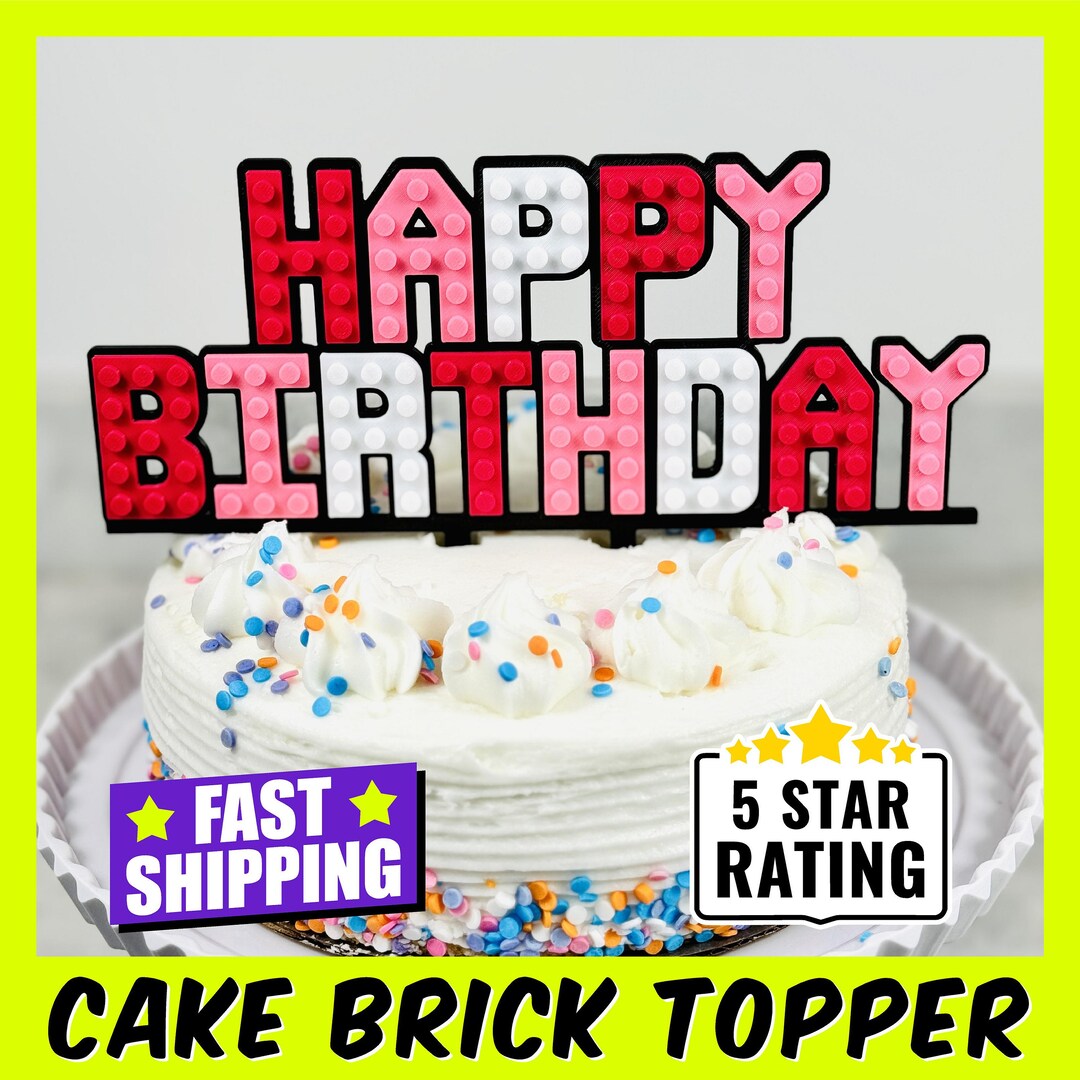 Brick Cake Topper, Happy Birthday Building Brick Cake Topper, Pink ...
