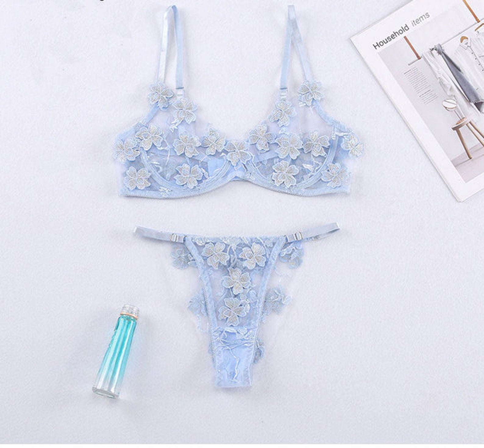 Conjunto De Lencería Azul Pura Flor Bordada Lencería Nupcial Etsy