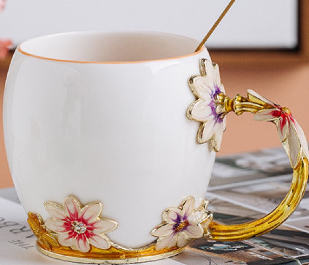 Stylish Coffee Mug Fancy Coffee Mug Flower Enamel - Etsy