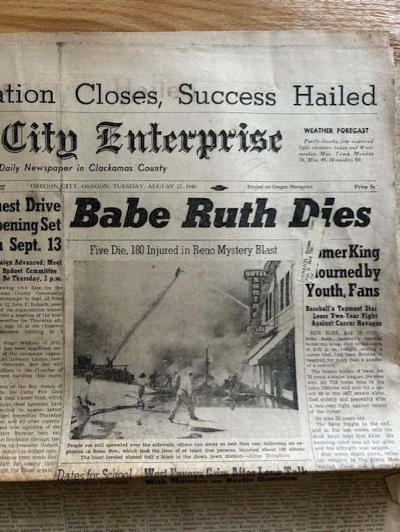 Babe Ruth Death Announcement Newspaper – Original 1948 - Etsy