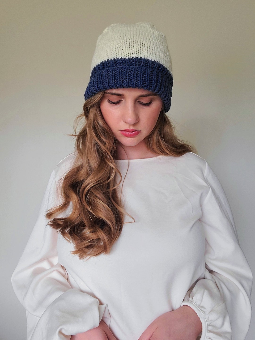 White Winter Hat, White Hat With Blue Brim, Knit Hat, Hand Knit Hat ...