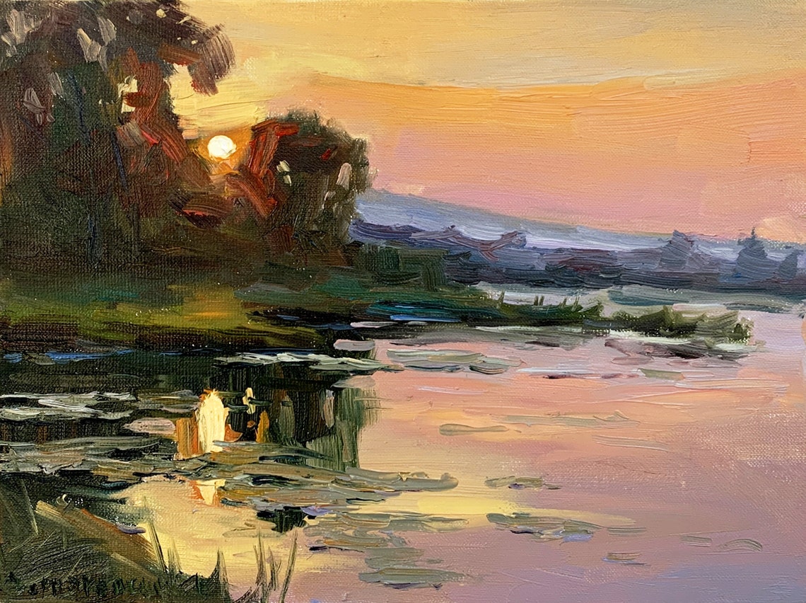 River sunset art Sunset painting oil Riverscape Painting River | Etsy