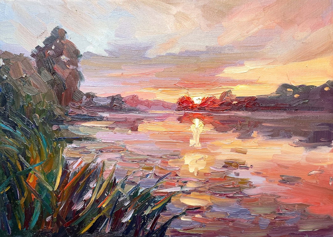 River Painting Sunset Oil Painting Sun Painting River Wall Art River ...