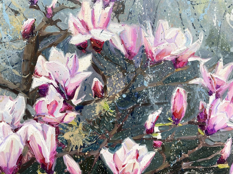 Magnolia Painting Oil Magnolia Branch Spring Flowers Blooming Garden ...